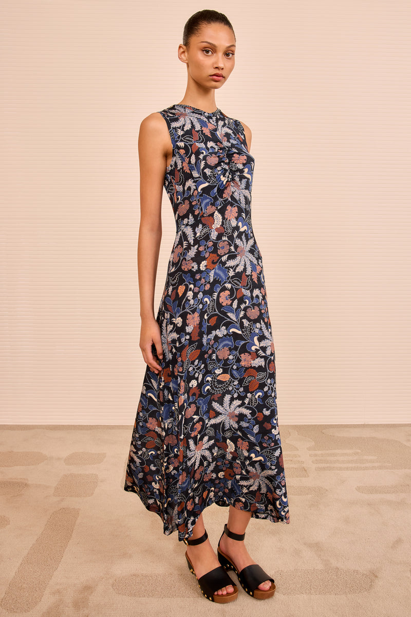 Lina Sleeveless Ruched Midi Dress - Moonlight Floral Floral Ruched Midi Dress - Ulla Johnson