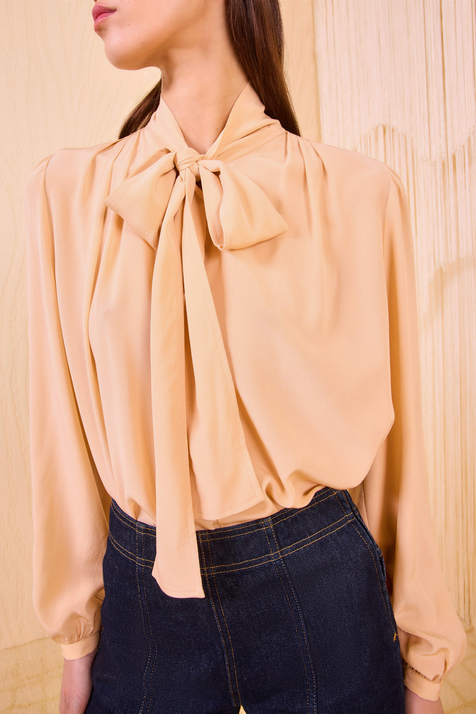 Alistair Necktie Long Sleeve Blouse - Almond Silk Top with Bow Detail - Ulla Johnson