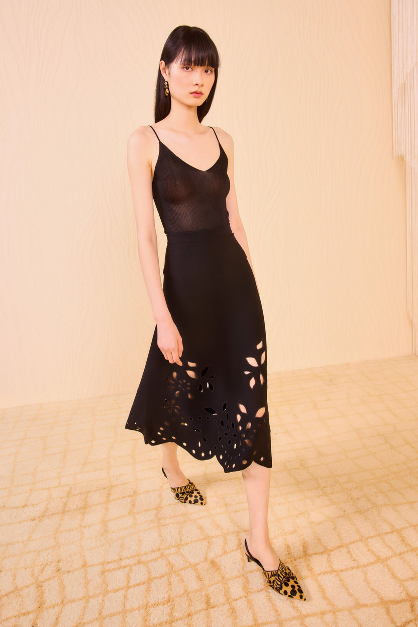 Grace Knit Midi Skirt - Noir Black Eyelet Embroidered A-Line Skirt ...