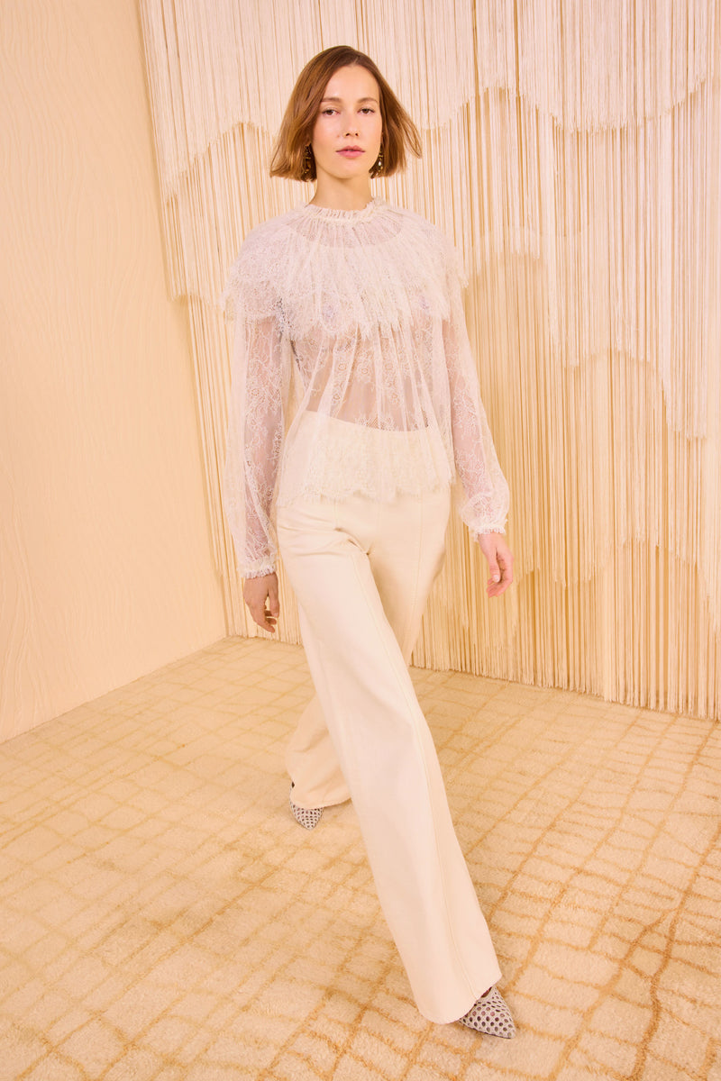 Viviane Cape Layer Long Sleeve Blouse - Pearl White Chantilly Lace Cape ...