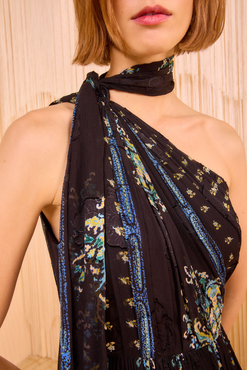 Angelique Draped Scarf Gown - Twilight Floral Chiffon Jacquard Tie One ...