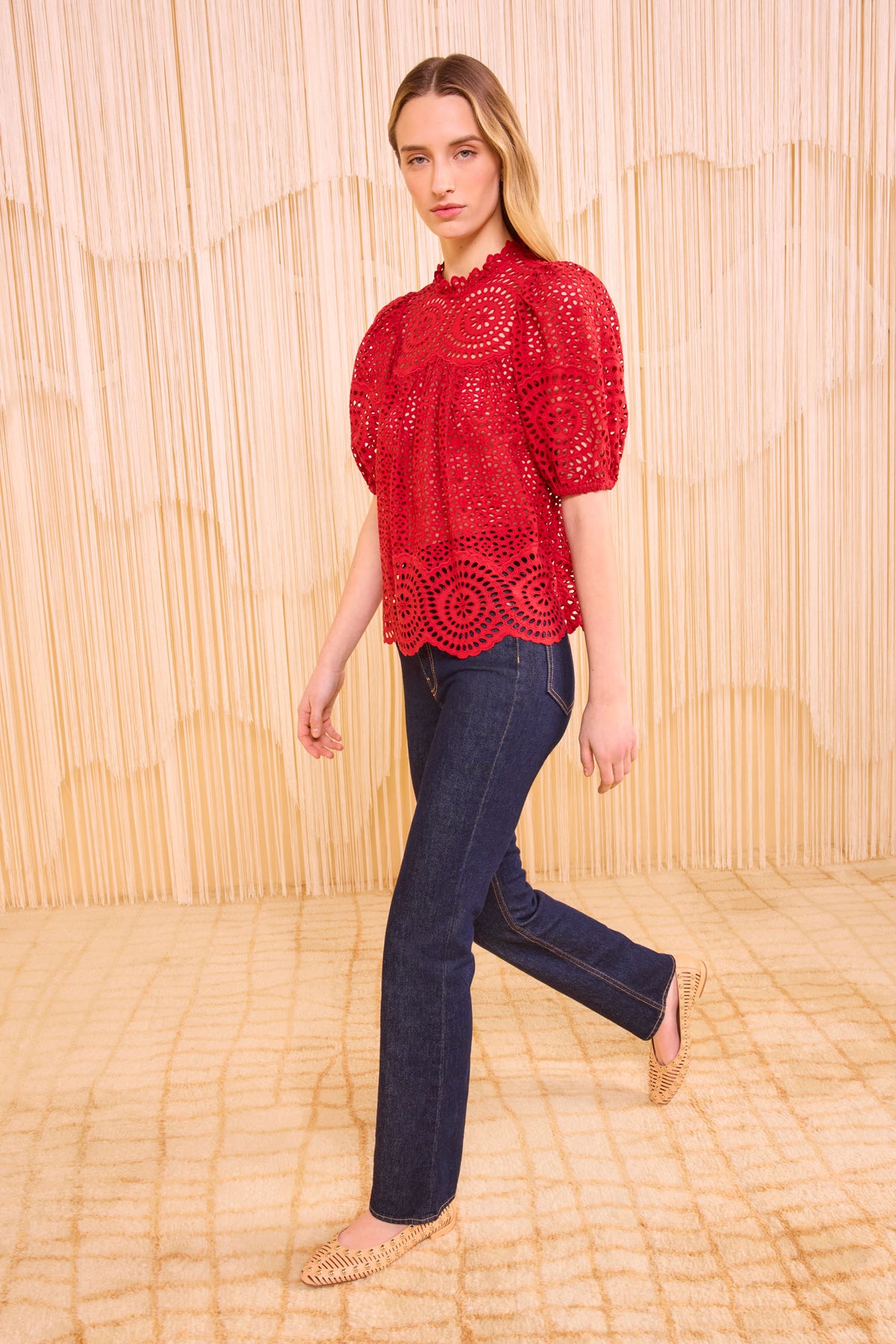 Arda Puff Short Sleeve Blouse - Henna Red Eyelet Cotton Puff Sleeve ...