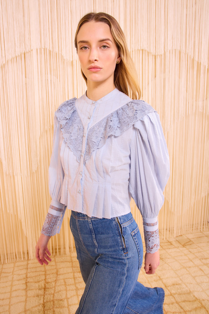 Esther Long Sleeve Blouse - Celeste Blue Lace Trim Cotton Dobby Blouse ...