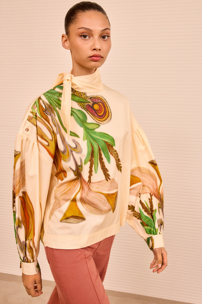 Pastel Tie Neck Blouse - Inner Nature Floral Print Cotton Long Sleeve ...