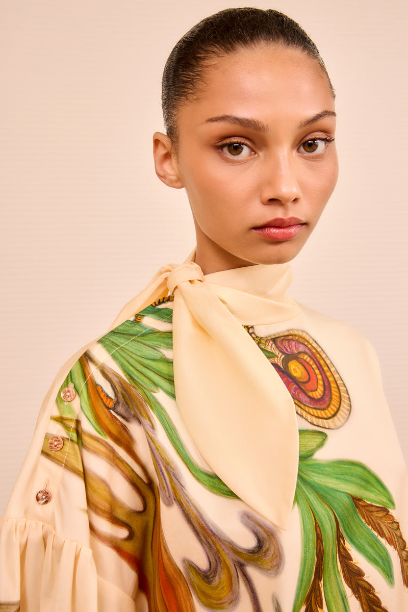 Pastel Tie Neck Blouse - Inner Nature Floral Print Cotton Long Sleeve ...