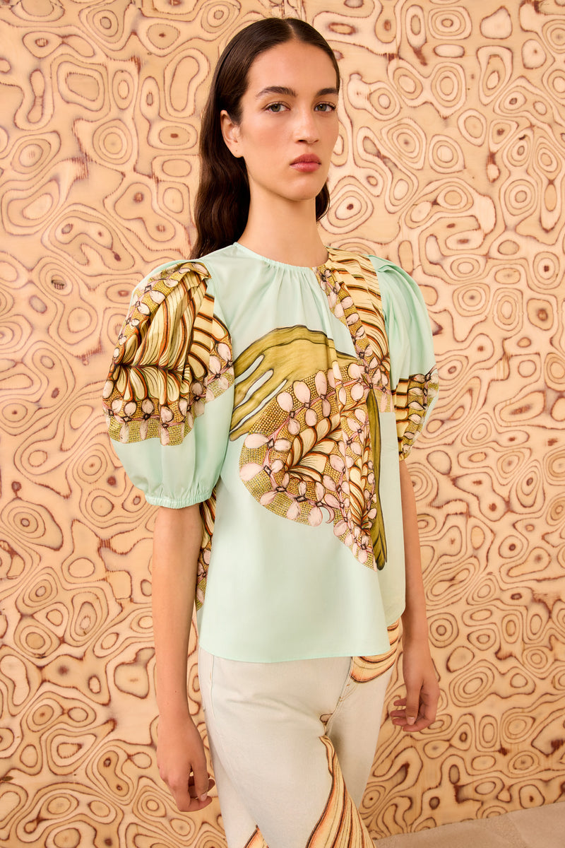 Ravena Puff Sleeve Top - Water Blossoms Floral Print Cotton Short ...