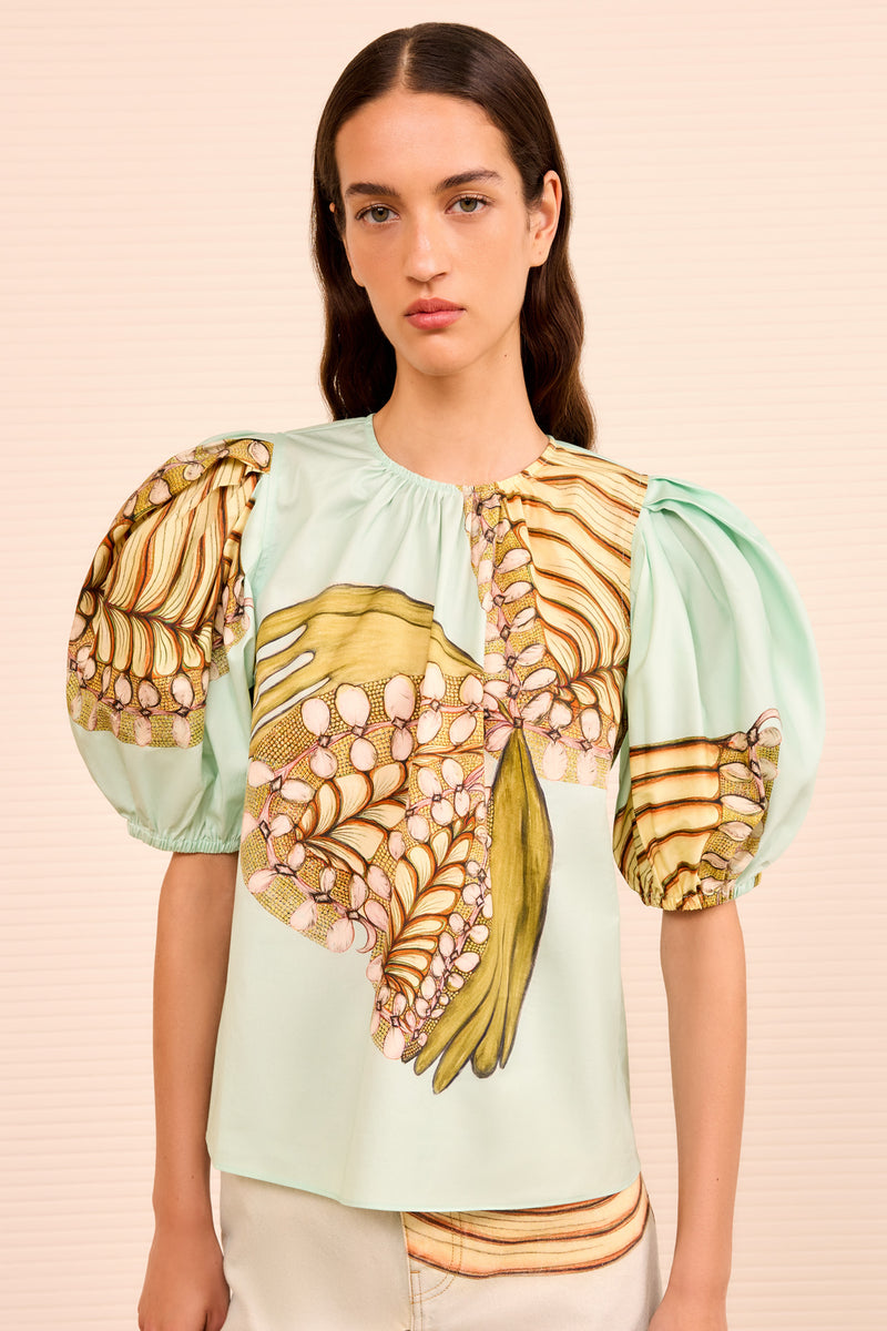 Ravena Puff Sleeve Top - Water Blossoms Floral Print Cotton Short ...