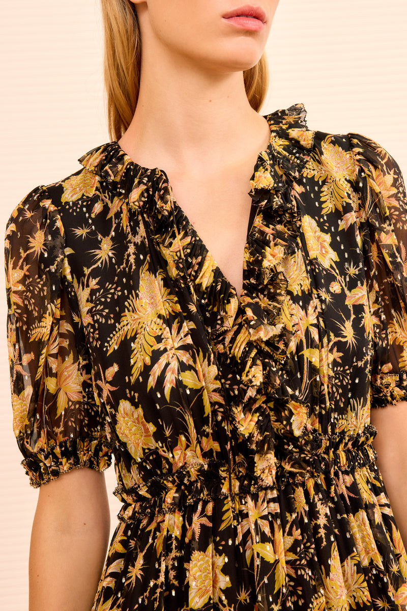 Rosamunde Puff Sleeve Dress - Forsythia V Neck Silk Chiffon Floral ...